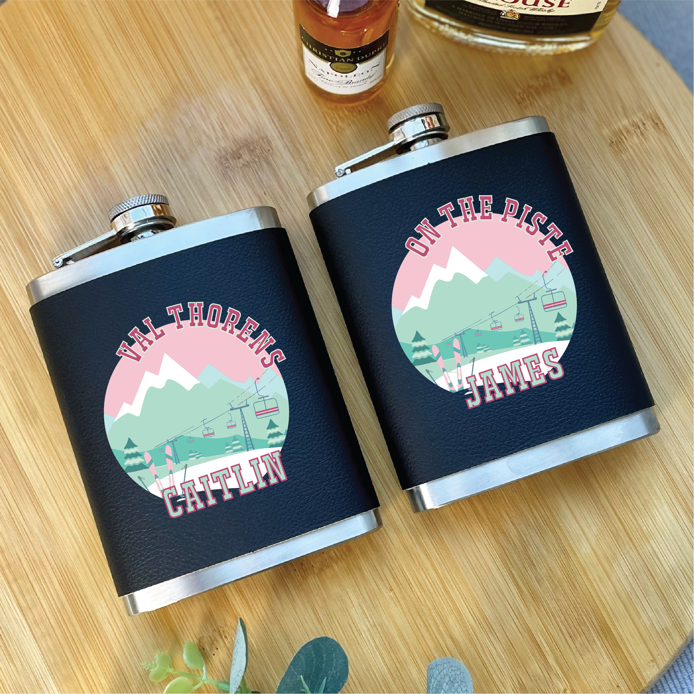 Pink And Green Ski Scene Skiing Hip Flask - Yumbles.com
