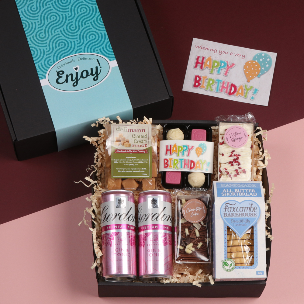 Pink Gin Afternoon Tea Happy Birthday Gift Hamper - Yumbles.com